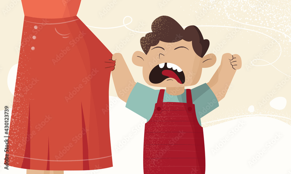 Crying boy demands something from the mother, grabbing her skirt. Young ...