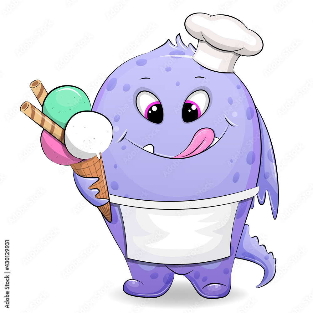 Cute cartoon chef monster in cook hat and apron holds an ice cream ...