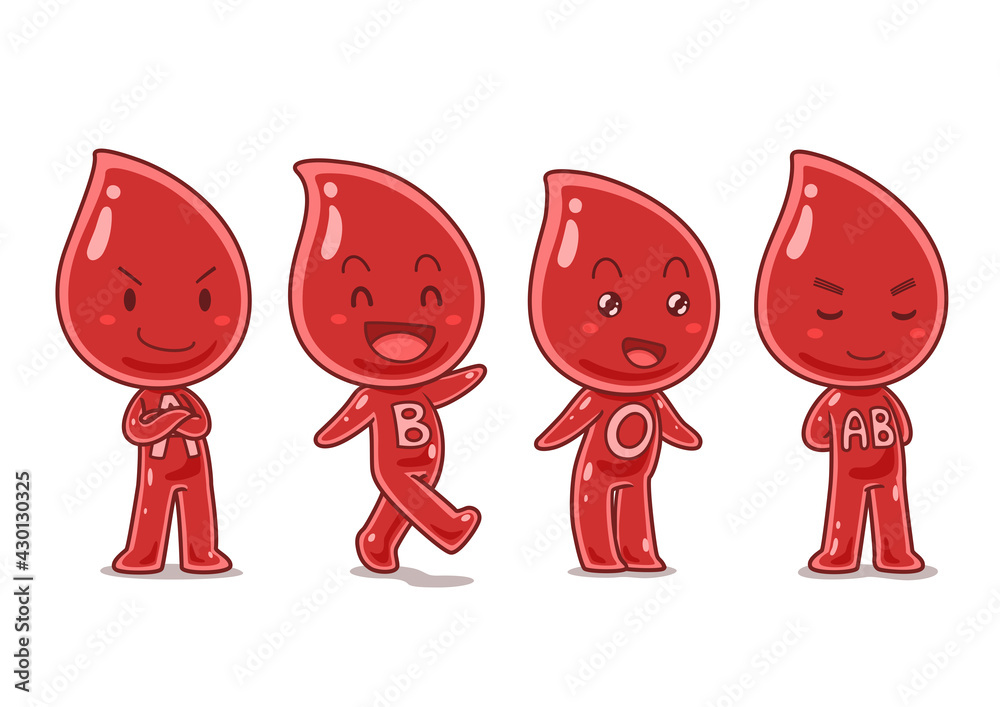 Set of blood types cartoon character in different poses. Stock Vector ...