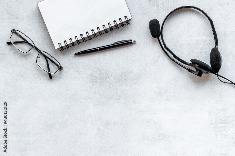 Communication support call center. Voip headset on offise desk Stock ...