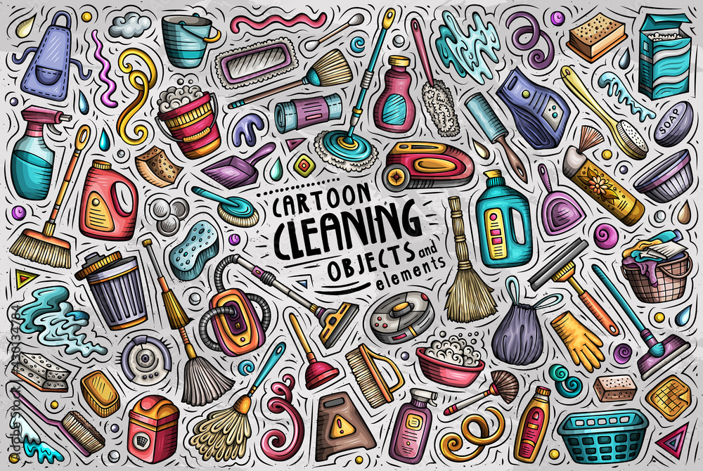 Colorful vector doodle cartoon set of Cleaning objects and symbols ...