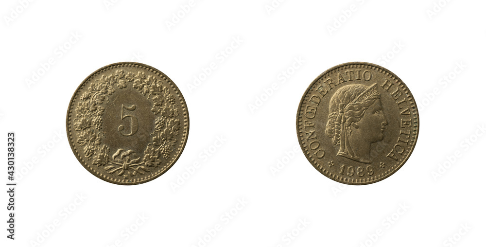 5 Rappen coin of 1989 of Switzerland with the Head of Libertas, obverse ...