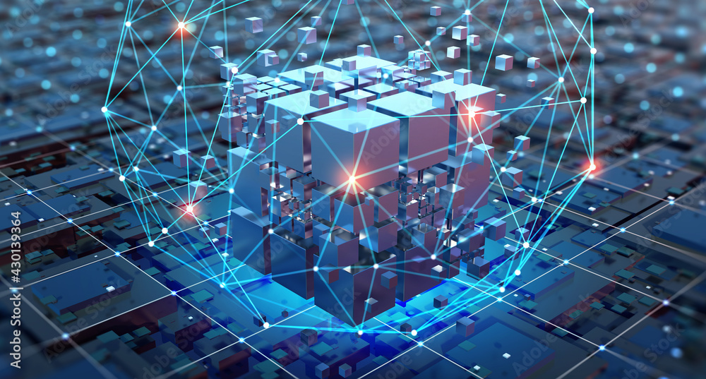 Ilustração do Stock: Blockchain in global digital network, quantum ...