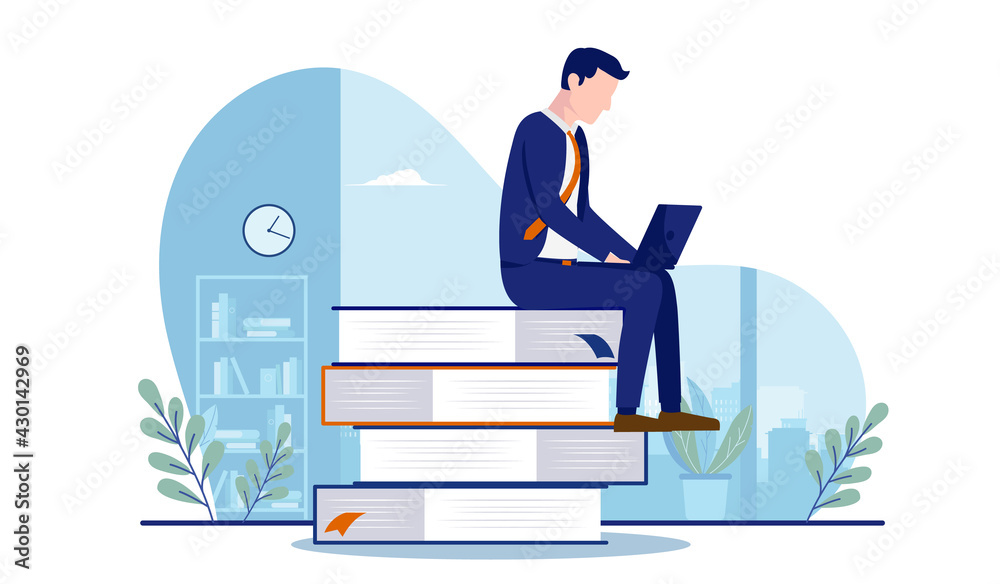 Businessman learning business - Male person sitting on books with ...