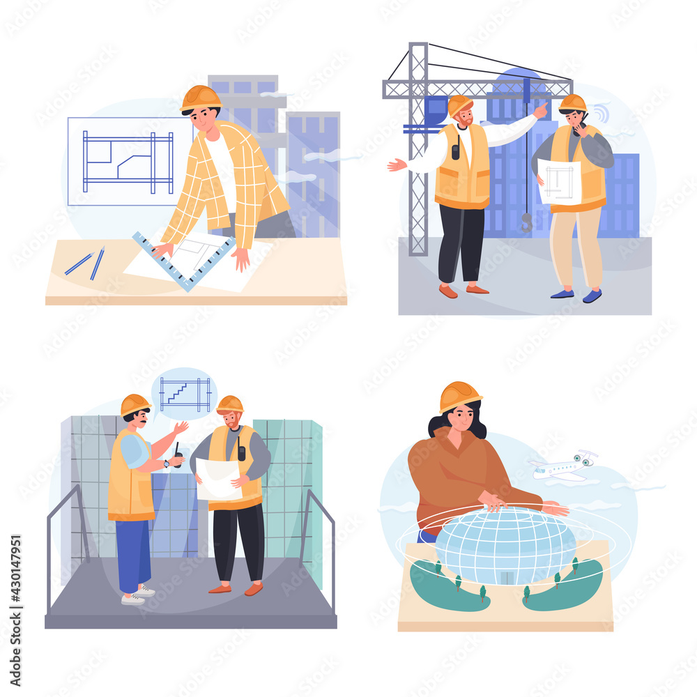 Architects profession concept scenes set. Architect draws blueprints ...