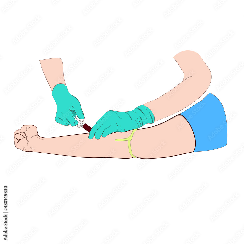 Vector illustration image a doctor using a needle to draw blood from an ...
