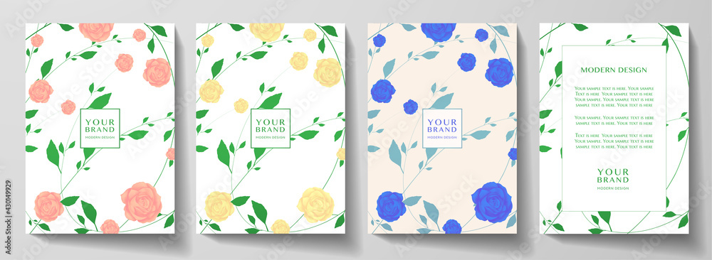 Floral cover page design set with tea rose flower pattern. Elegant ...