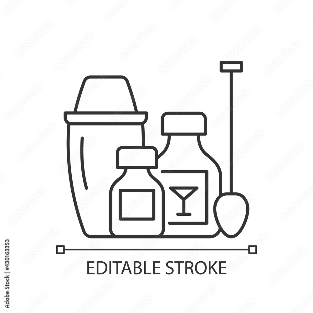 Cocktail kits linear icon. Alcoholic drink recipes. Cocktail shaker ...