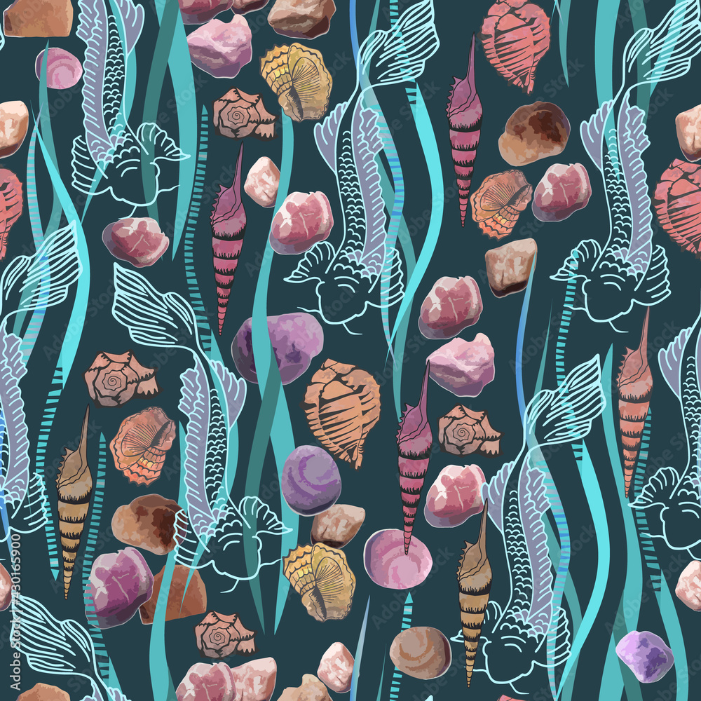 Seamless marine pattern with fish and seashells. Beautiful natural ...