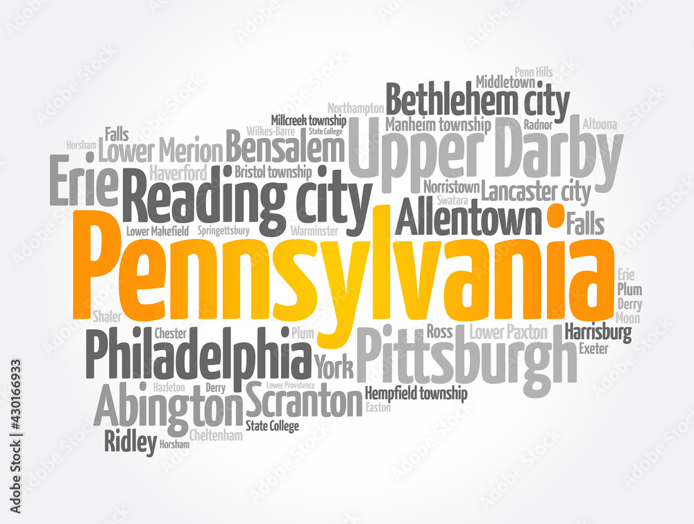 List of cities in Pennsylvania USA state, map silhouette word cloud map ...