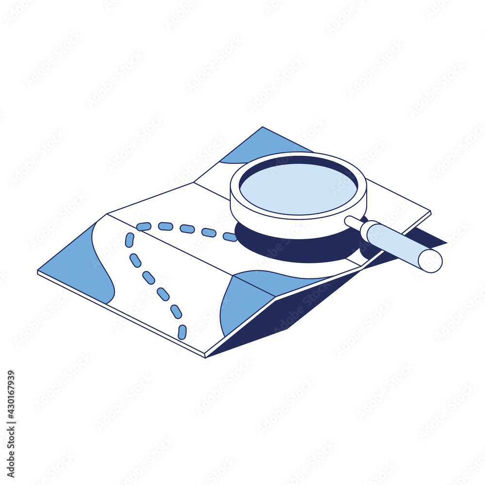 Map and magnifier, area exploration, search. Vector 3d line isometric ...