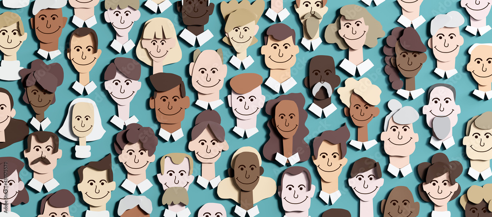 Lots of people's faces made of paper. People different ages and ...