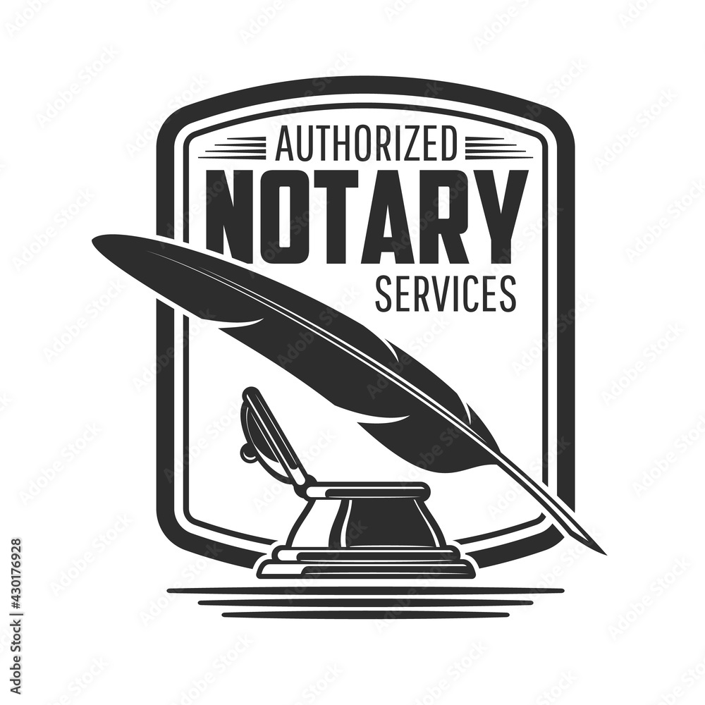 Notary or legal service icon with isolated vector vintage feather pen ...