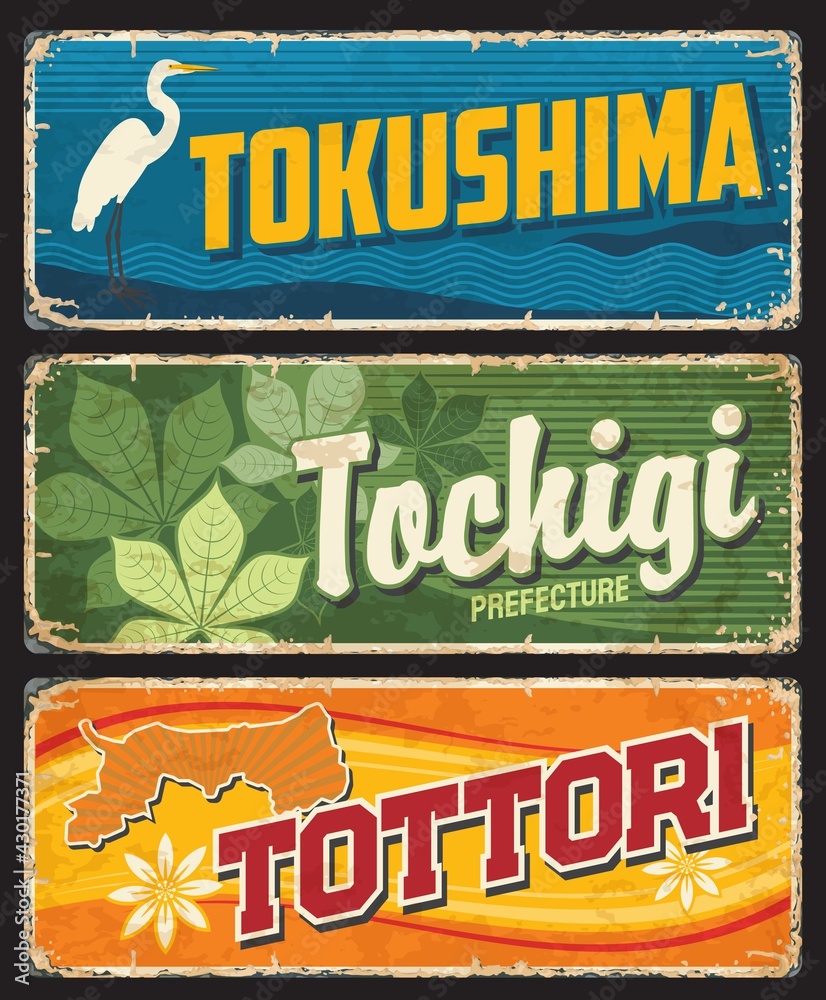 Tokushima, Tochigi and Tottori tin signs, Japan prefecture vector ...