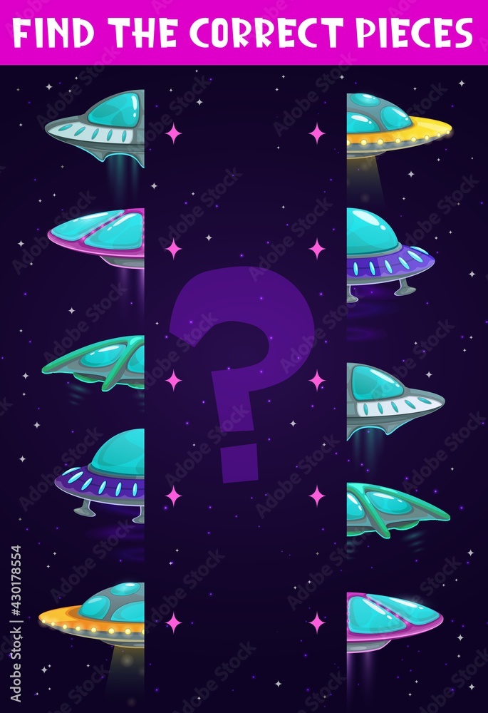 Kids game, find and match UFO, cartoon space board game or puzzle ...