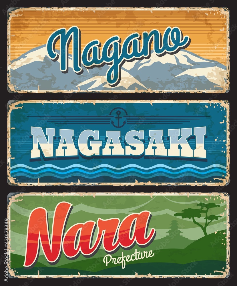Nagano, Nagasaki and Nara apan prefecture tin vector plates. Japanese ...