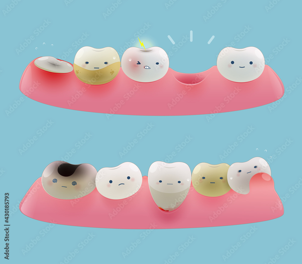 Collection of gum and cute little teeth in a blue background. Cartoon ...