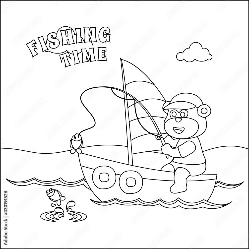 Vector cartoon illustration of cute monkey fishing on sailboat with ...