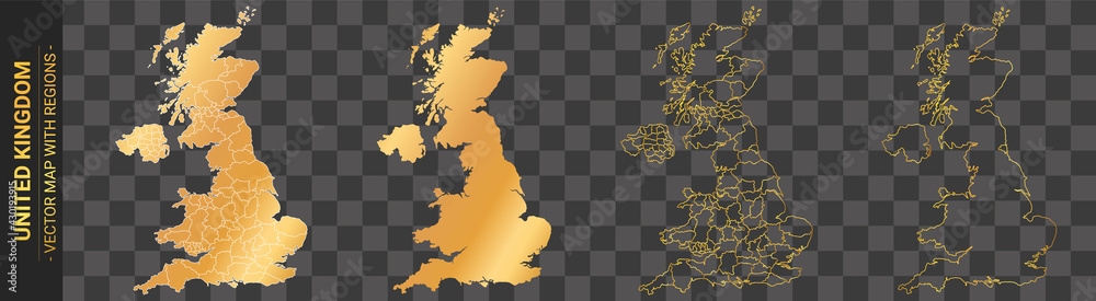 set of 4 gold political maps of United Kingdom with regions isolated on ...