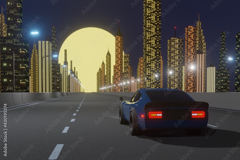 Retro-futuristic 80s style drive with night city background. Moving car ...