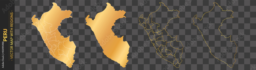 set of 4 gold political maps of Peru with regions isolated on ...