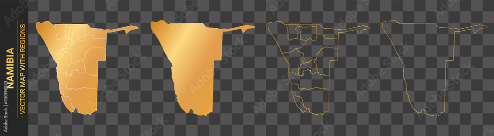 set of 4 gold political maps of Namibia with regions isolated on ...