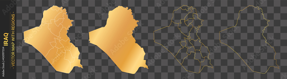 set of 4 gold political maps of Iraq with regions isolated on ...