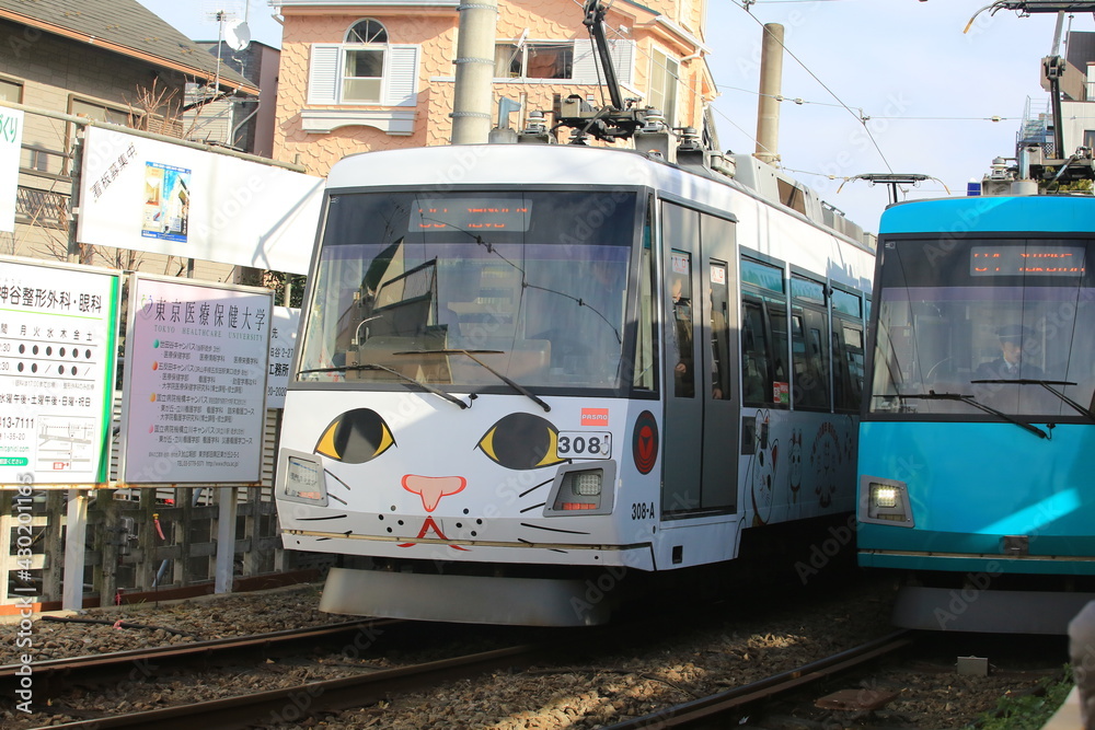 Tokyo, Japan-15 January 2018:tram painted like the cat, running on the ...