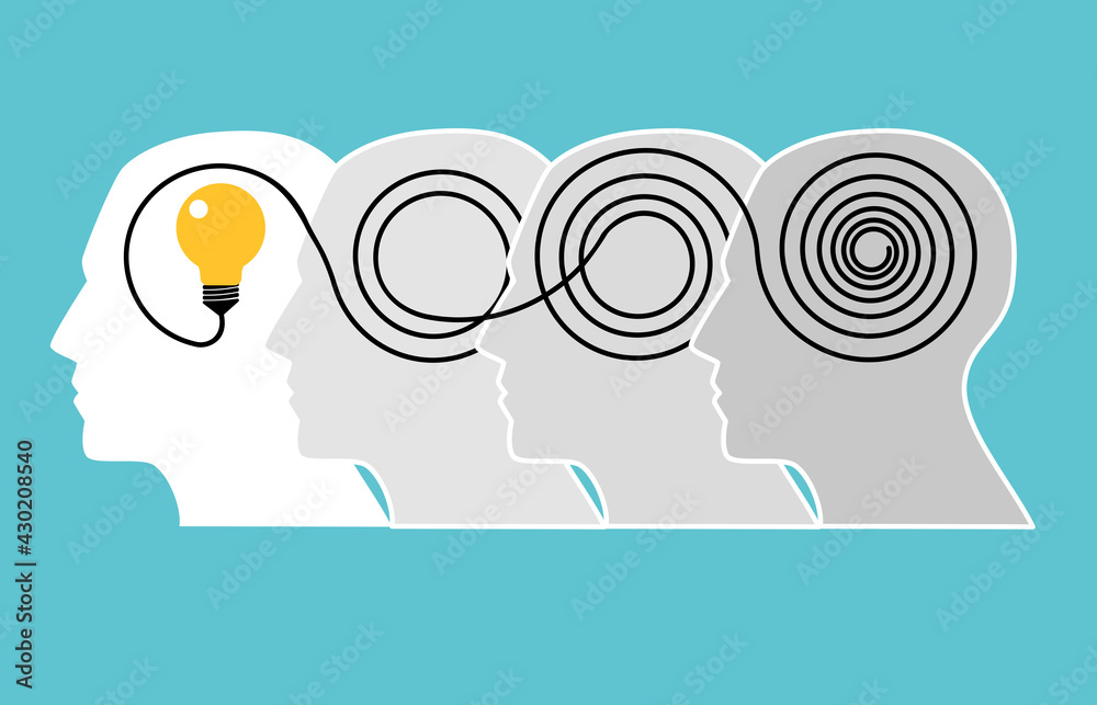 Brain with tangled knot in head.Light bulb and simplifying the complex ...