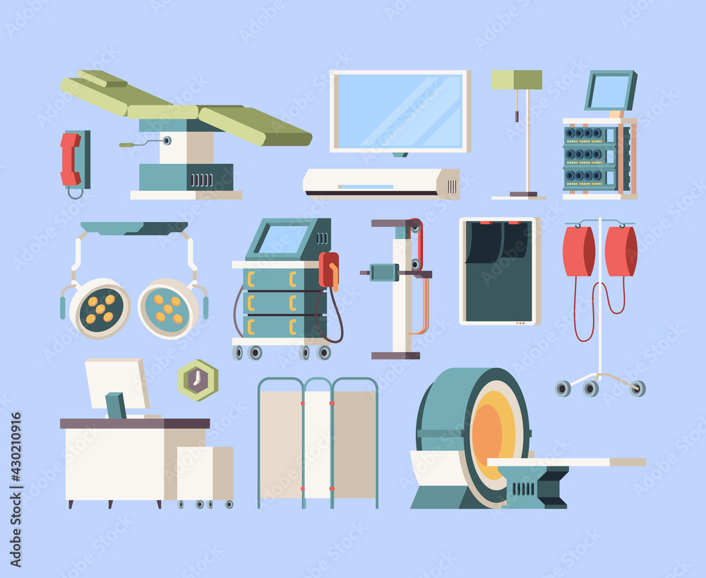 Hospital medical equipment. Ambulance items dentistry tomography ...