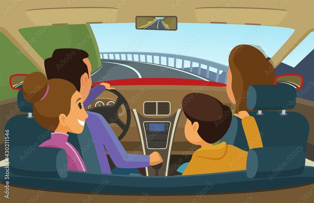 Family in car. Mother father and kids travelling in automobile people ...