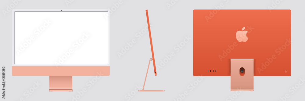 New iMac computer. iMac 2021 desktop. Front, side and back view. Apple ...