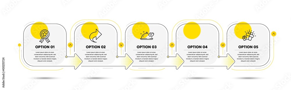 Gift, Romantic dinner and Share line icons set. Timeline process ...