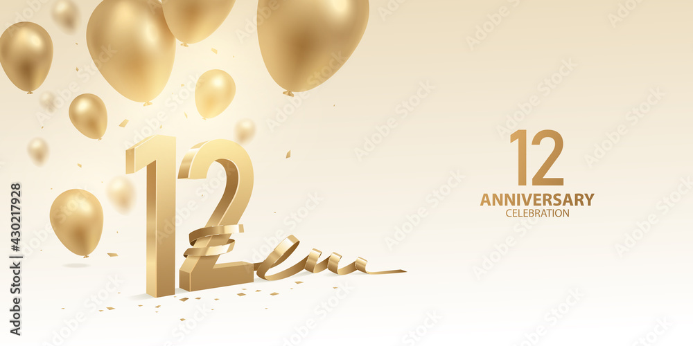 12th Anniversary celebration background. 3D Golden numbers with bent ...
