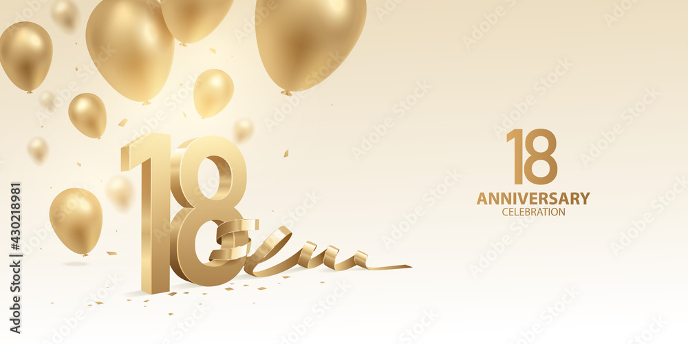 18th Anniversary celebration background. 3D Golden numbers with bent ...