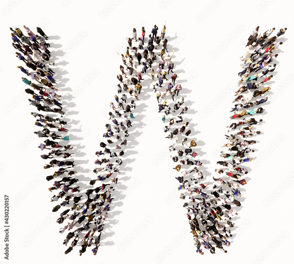 Concept or conceptual large community of people forming the font W. 3d ...