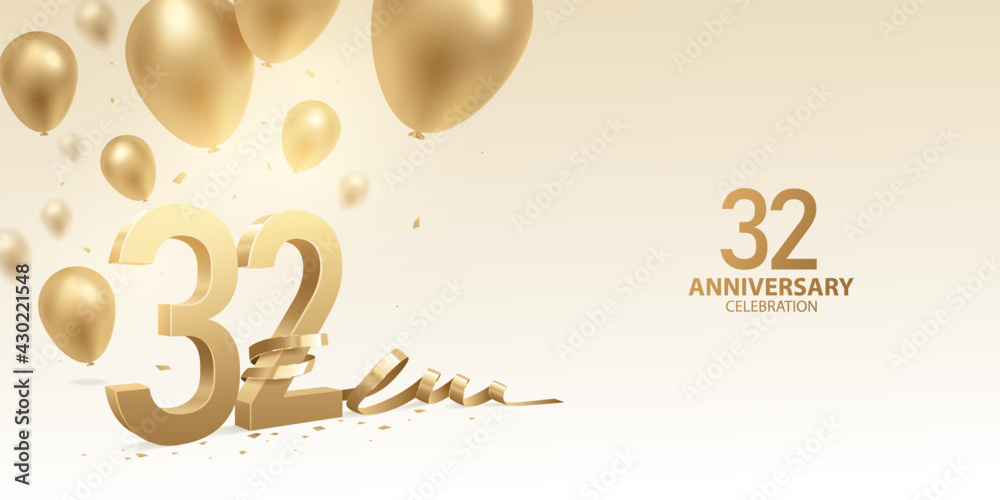 32nd Anniversary celebration background. 3D Golden numbers with bent ...