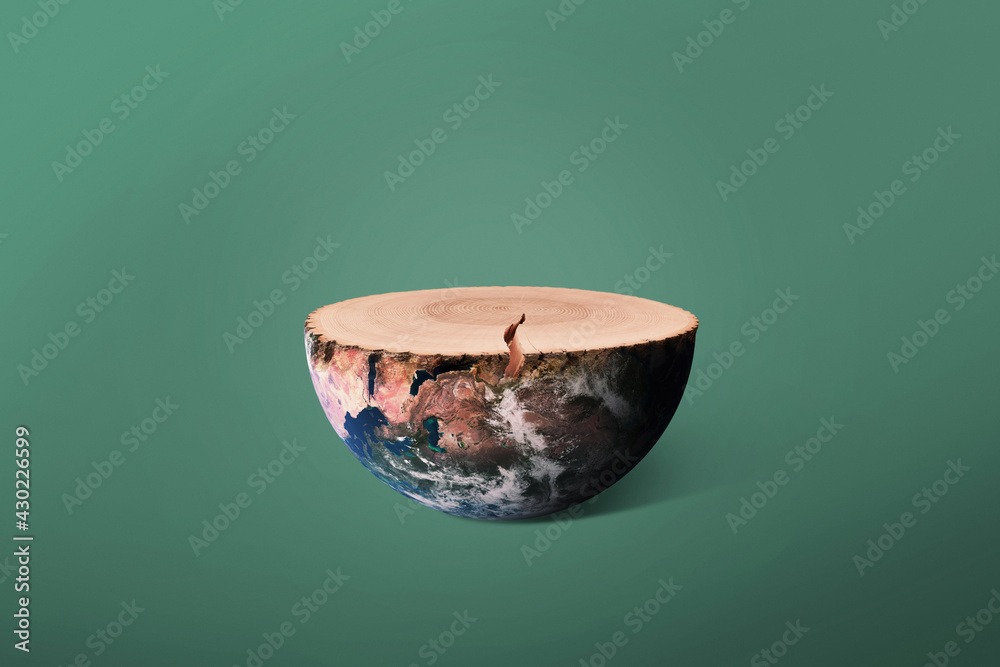 Planet earth and felled tree with rings, concept. Preserving the ...