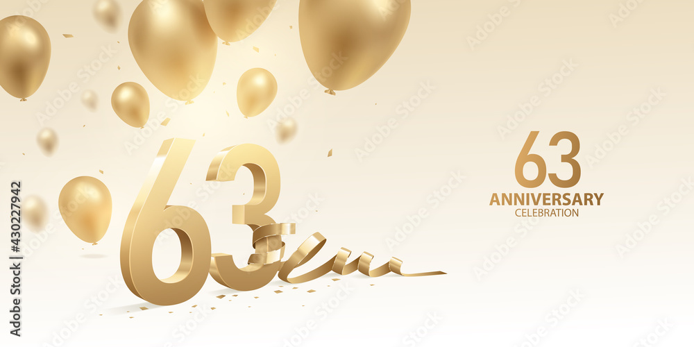 63rd Anniversary celebration background. 3D Golden numbers with bent ...