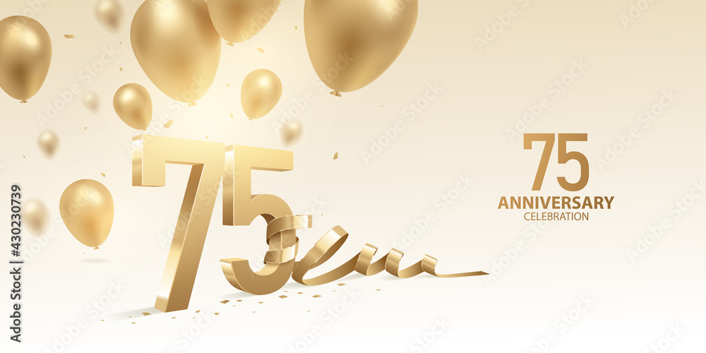 75th Anniversary celebration background. 3D Golden numbers with bent ...