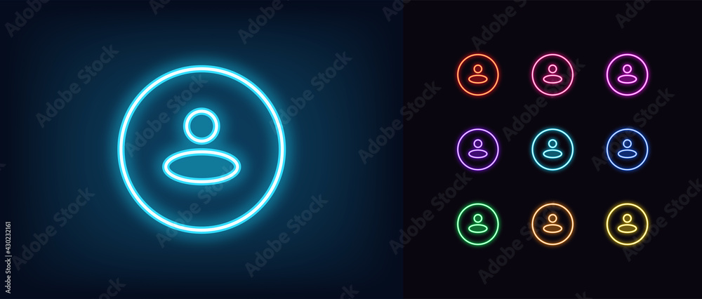 Neon user avatar icon. Glowing neon person sign, outline round avatar ...