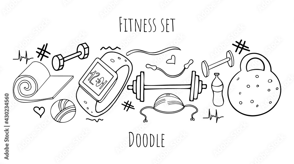 Fitness doodles set. Sketch of sports equipment. Hand drawn vector ...