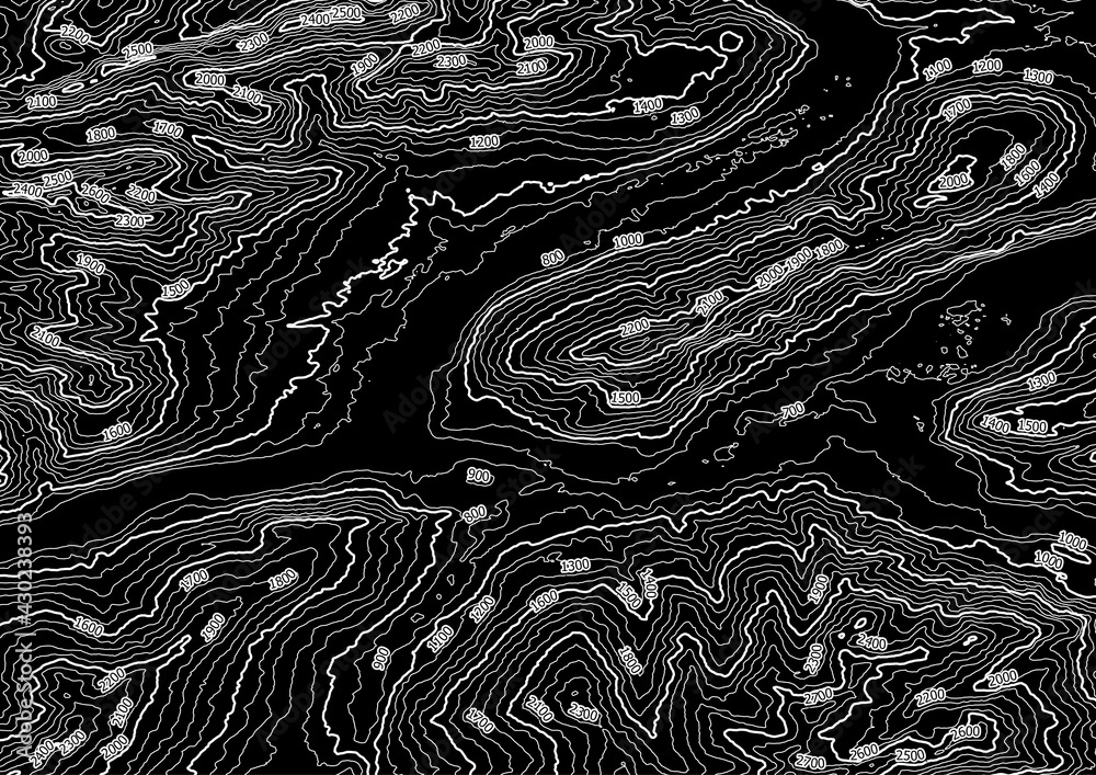 An black and white Topographic map lines 100 m labeling, level curves ...
