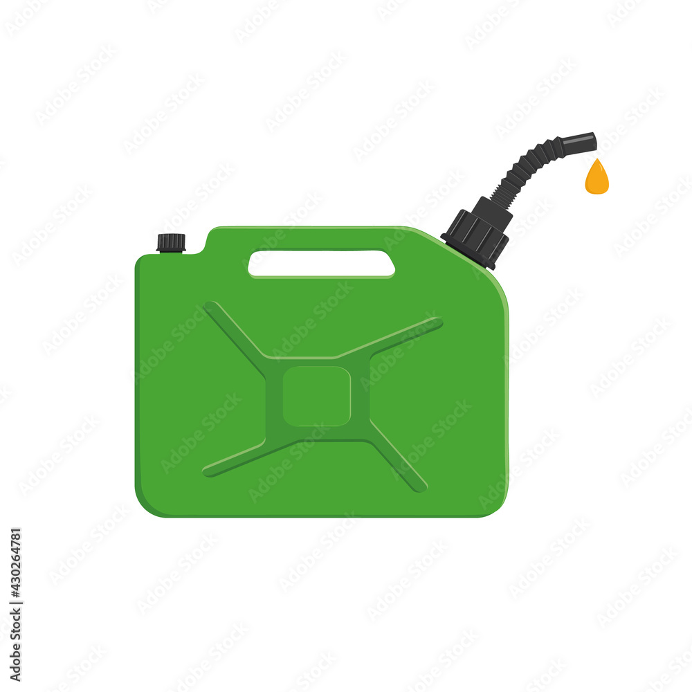 Gasoline canister with spout and pouring petrol drop. Gas can isolated ...