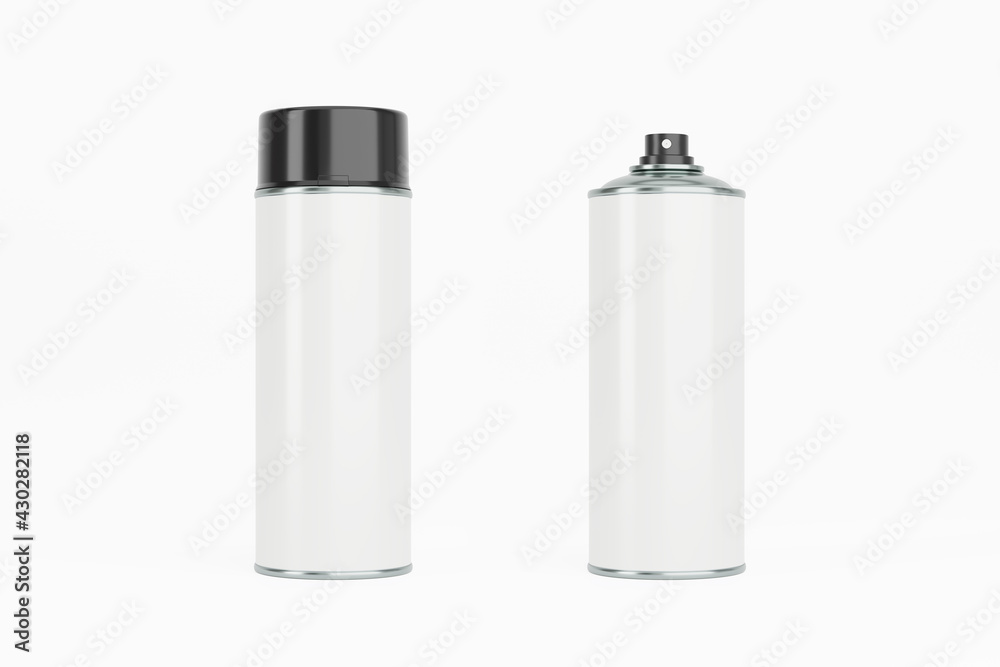 Spray paint can with black cap and white label. Isolated on white ...