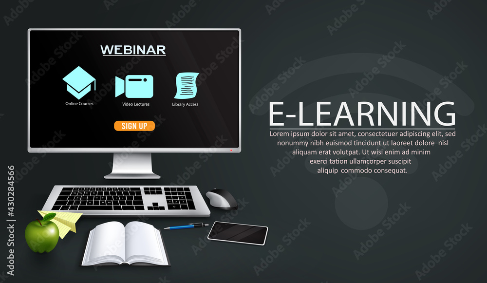 E-learning vector template design. E-learning webinar text with monitor ...
