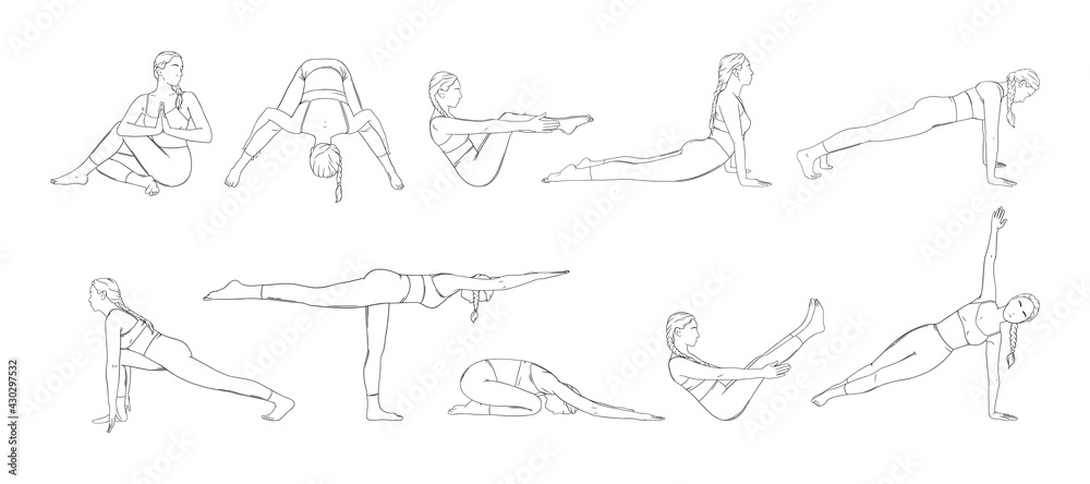 Yoga asana set with woman in different poses. Yogi girl full body ...