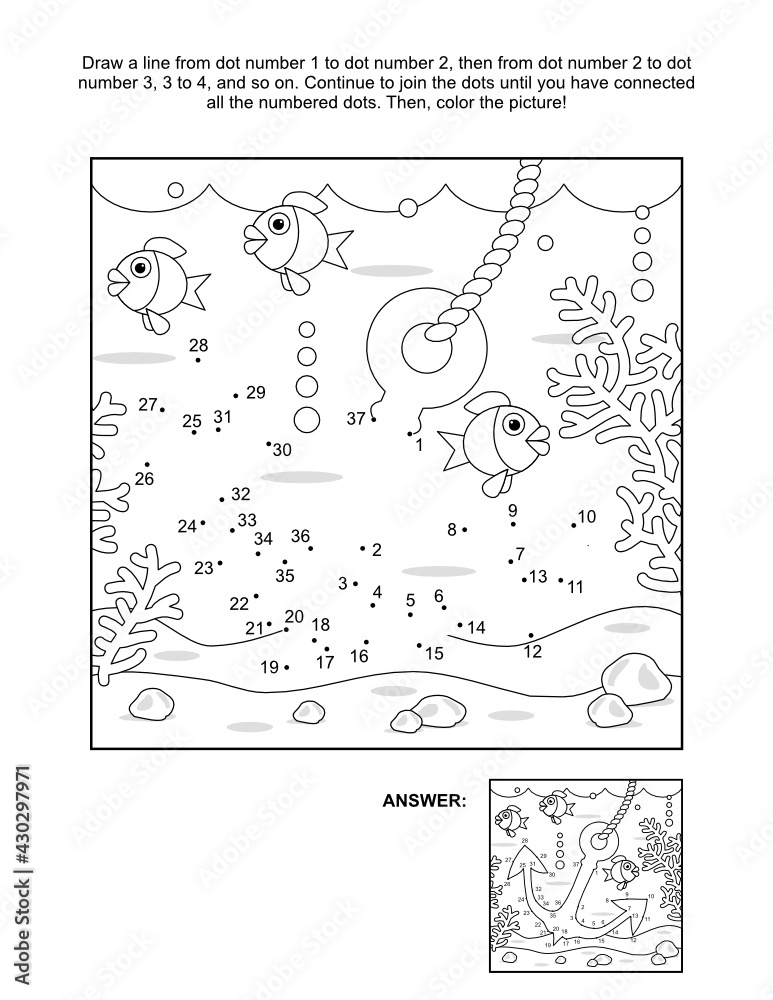 Connect the dots picture puzzle and coloring page, underwater life ...
