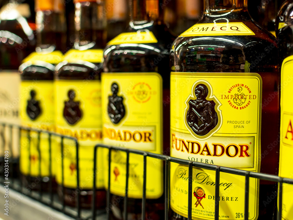 Manila, Philippines - Sept 2020: Fundador Brandy on display at an aisle ...