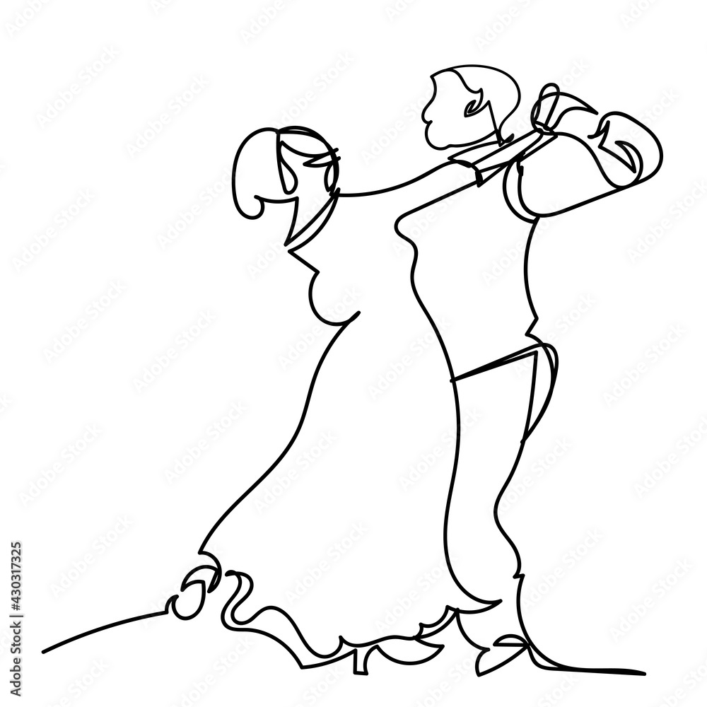 Continuous One Line Drawing Loving Couple Woman And Man Dancing